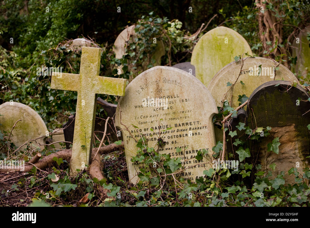 Gravestones and memorials in Highgate Cemetery, east side, London Stock ...