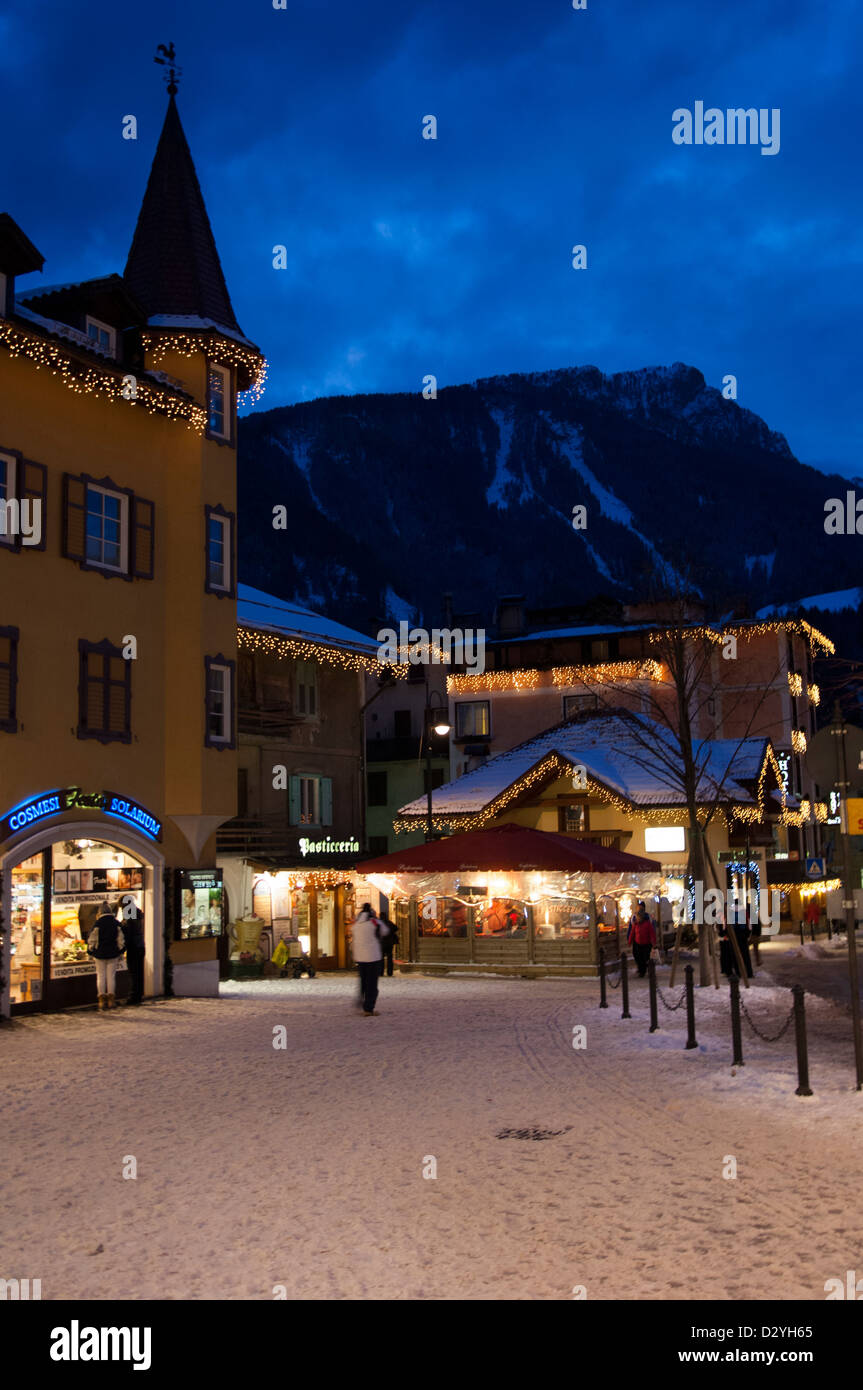 Scenic night view of De Ramon Square, city centre of Moena, Dolomiti ...