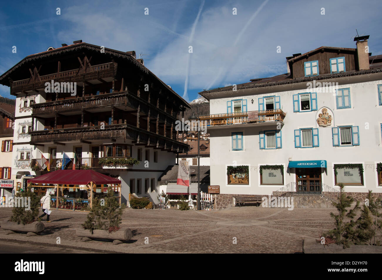 Scenic view of De Ramon Square, city centre of Moena, Dolomiti ...