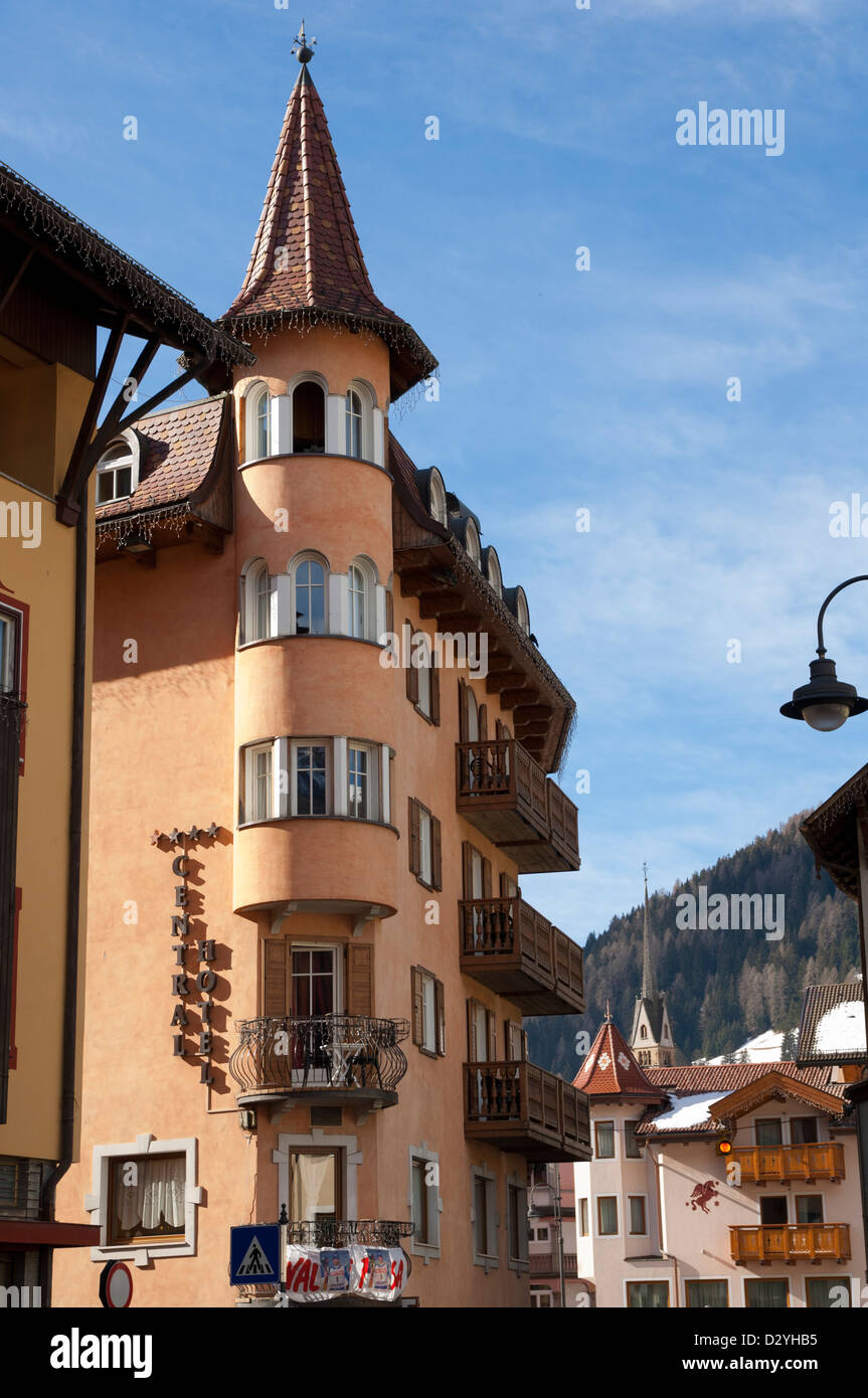Scenic view of an historical building in the city centre of Moena ...