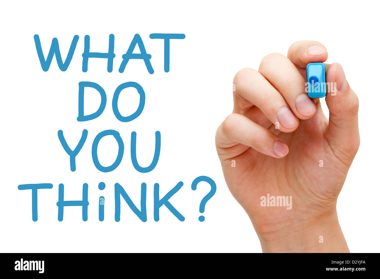 Hand writing What Do You Think with blue marker on transparent wipe ...