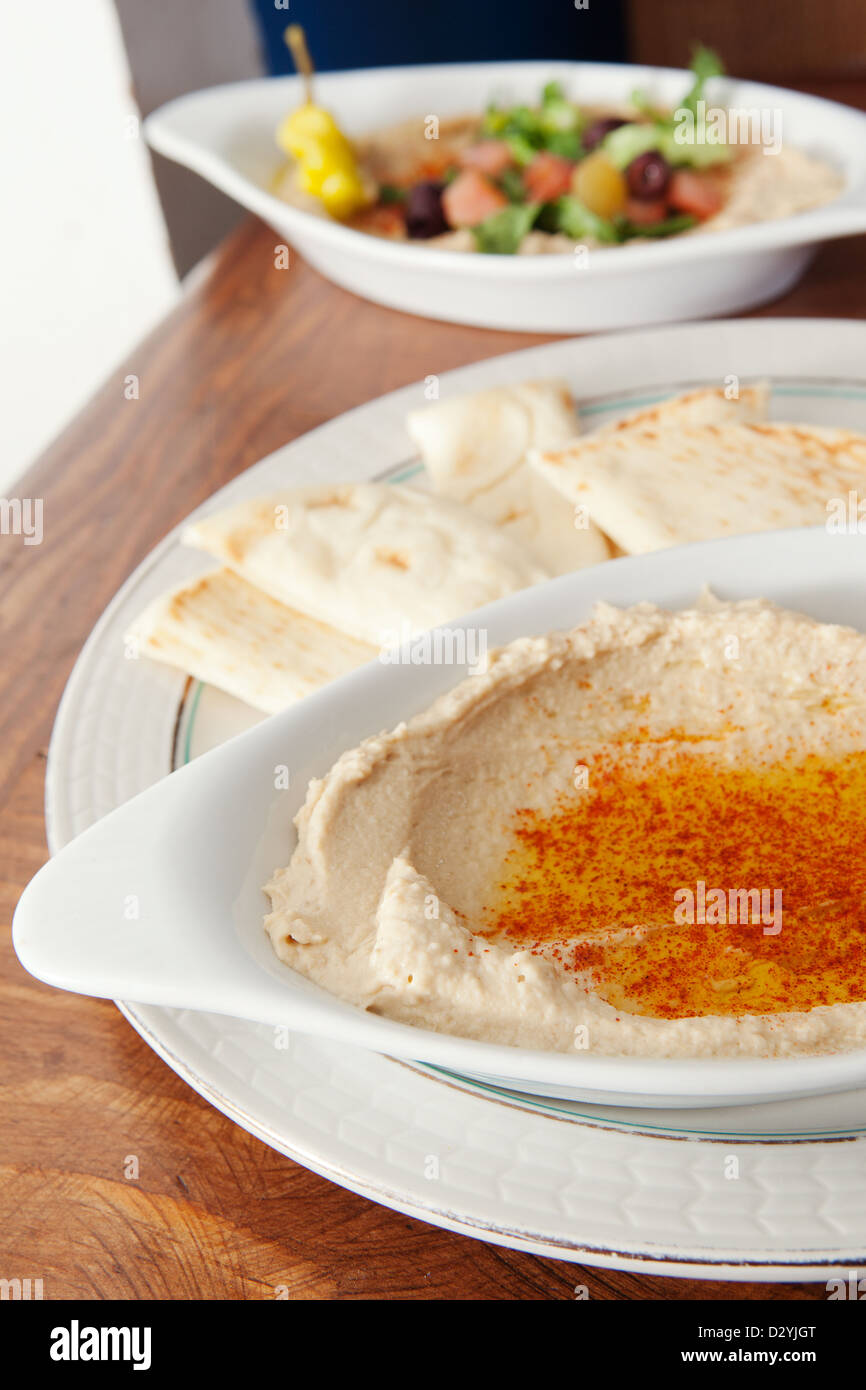Varied Middle Eastern, Mediterranean style appetizers including hummus ...