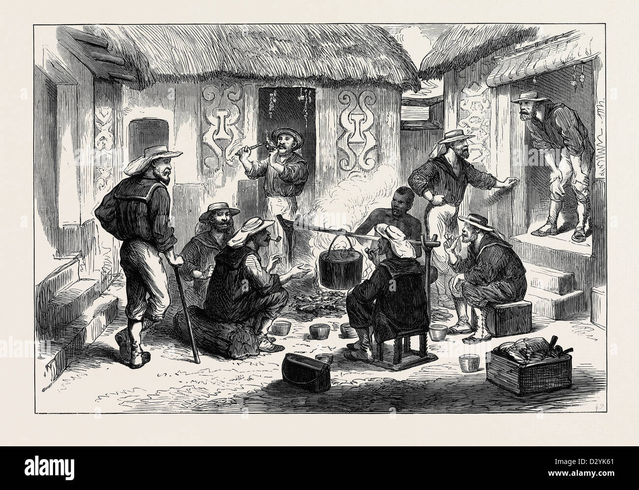 THE ASHANTEE WAR: NAVAL BRIGADE MEN BREAKFASTING IN THE COURTYARD OF AN ...