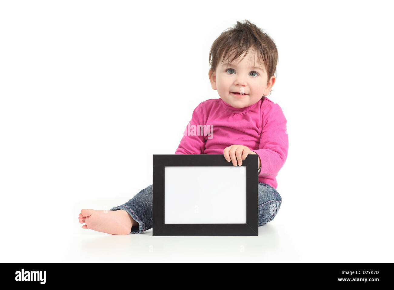 Baby showing a blank photo frame on a white isolated background Stock ...