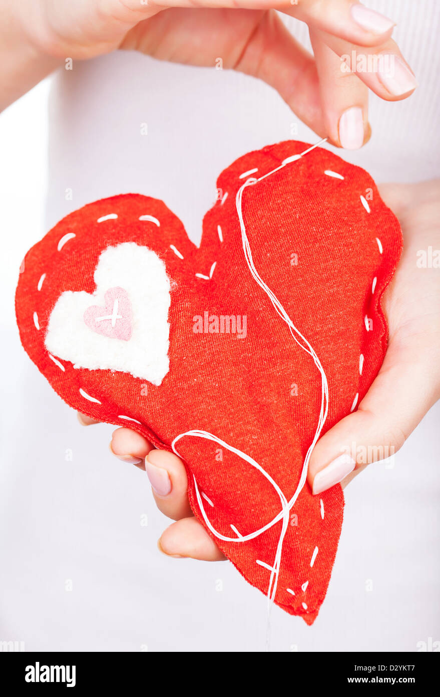 Photo of red handmade heart-shaped soft toy, Valentine day, romantic ...