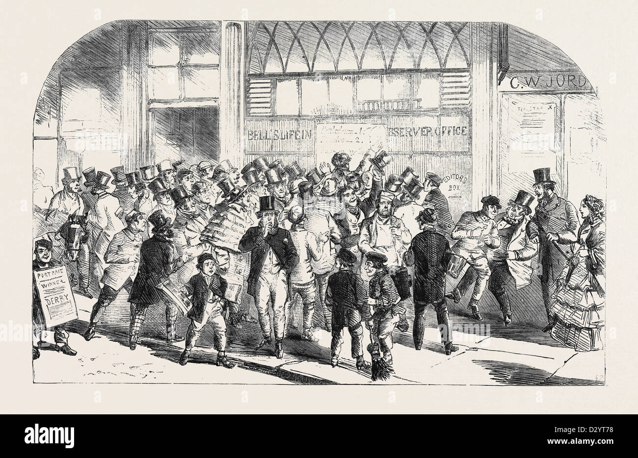 THE DERBY DAY: ANNOUNCEMENT OF THE WINNER AT BELL'S LIFE OFFICE Stock ...