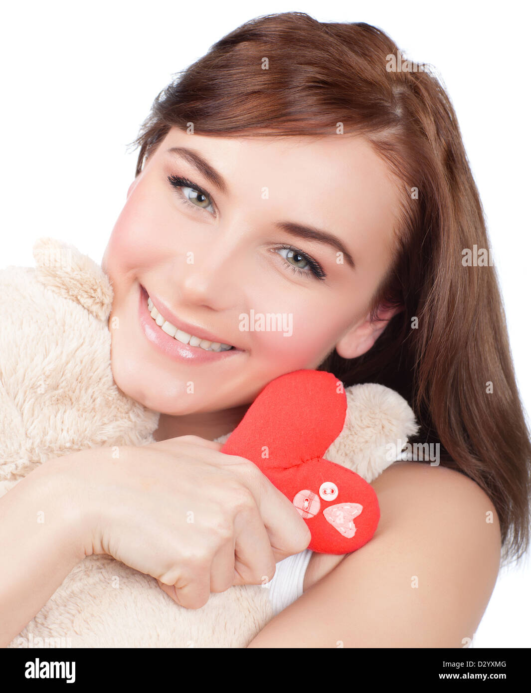 Photo of pretty woman hug cute soft toy, closeup portrait of pretty ...