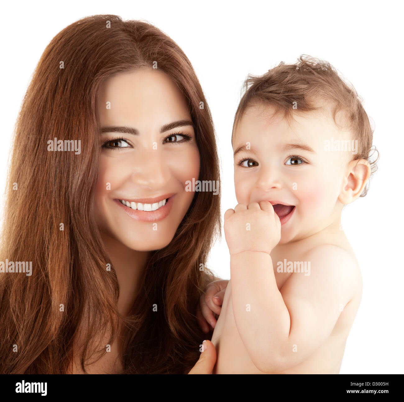 Photo of beautiful mother holding cute baby boy, closeup portrait of pretty brunette woman with ...