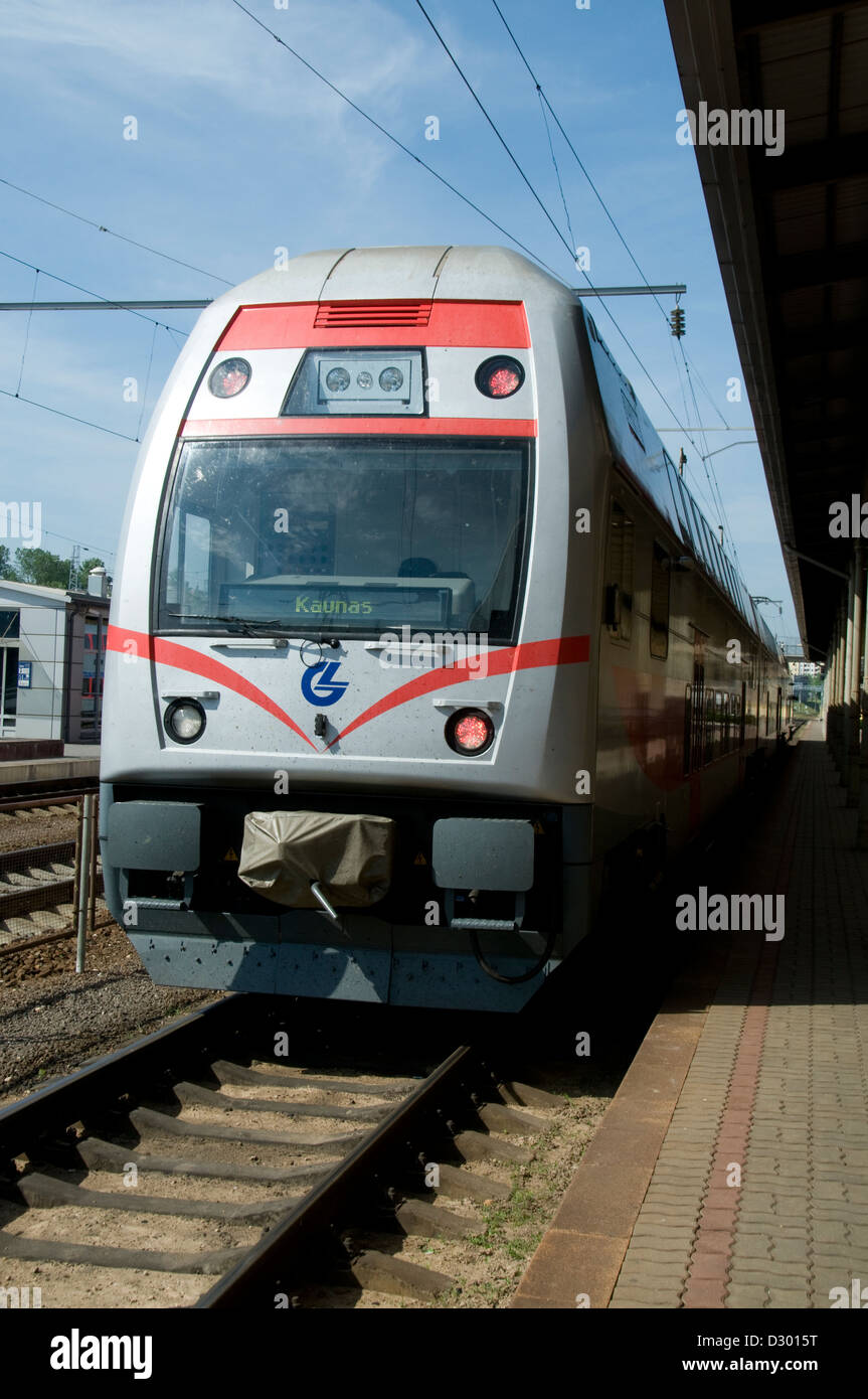 A modern double-decker passenger Lithuanian train at Vilnius rail ...