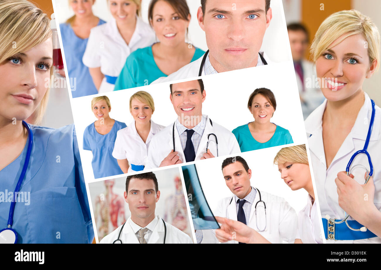Montage of a medical team men and women a male doctor and his ...