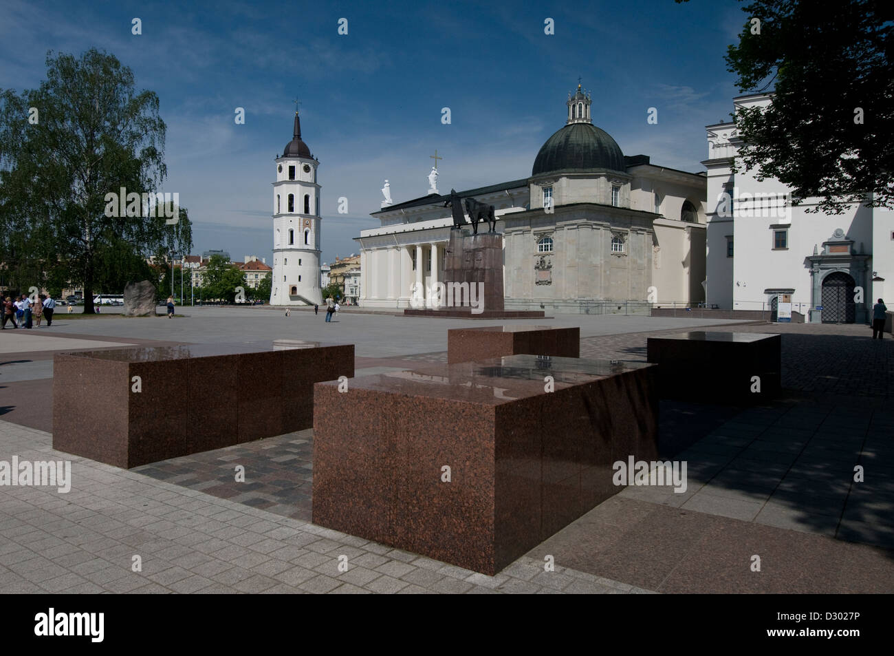 The Belfry and a statue of Gediminas, Grand Duke of Lithuania, the 14th ...