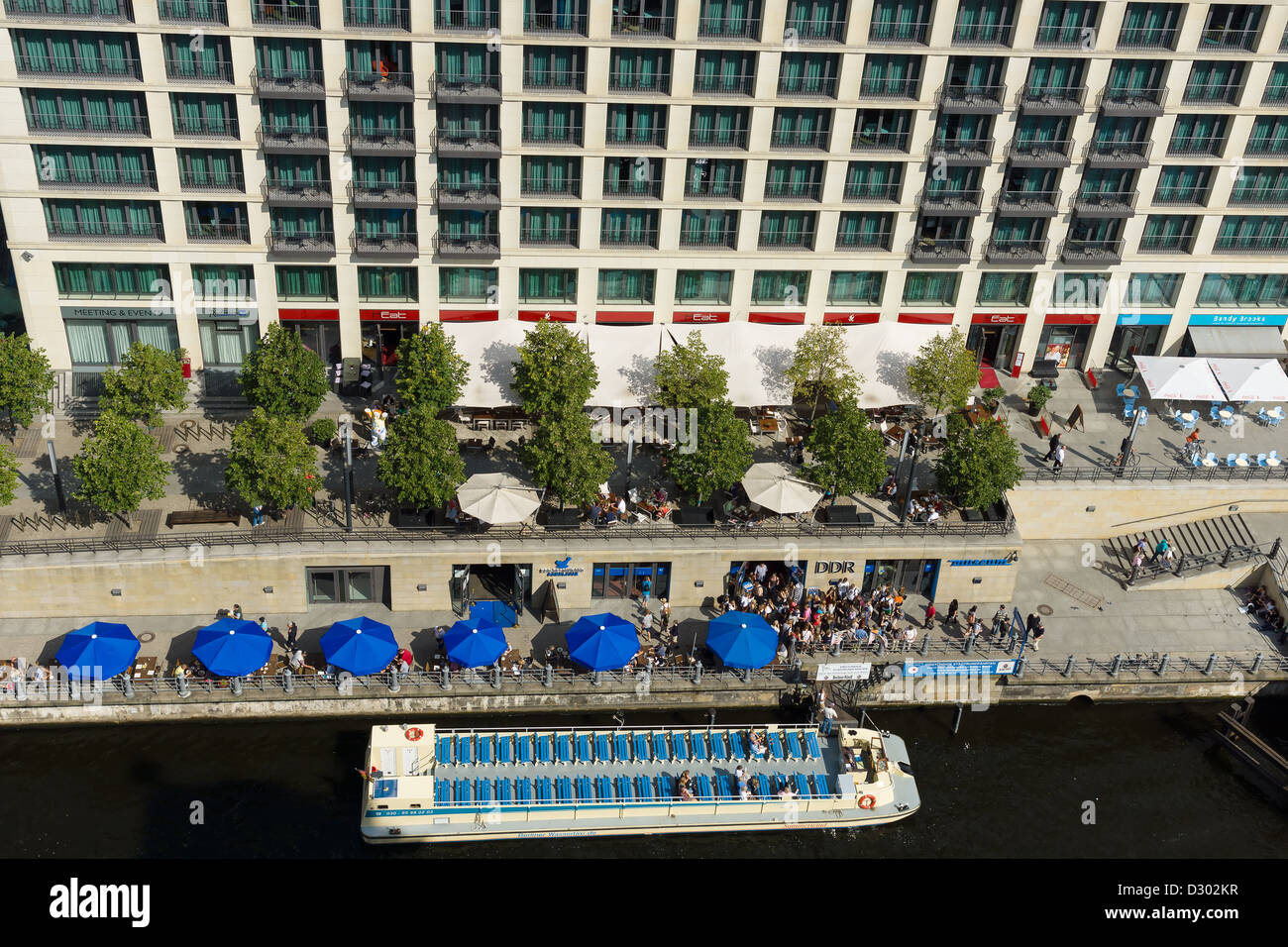 DDR Museum, Spree embankment and mooring for pleasure boats with a bird ...