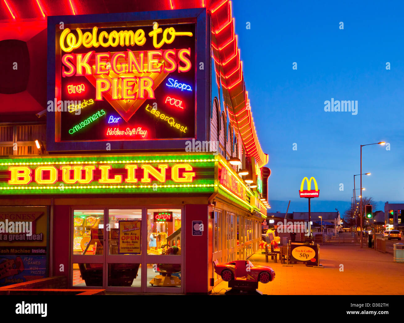 neon signs for bowling, amusements and Skegness Pier at the seafront ...