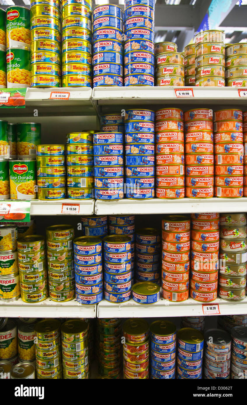 Food Cans on Shelf in Supermarket in Oaxaca - Mexico Stock Photo - Alamy