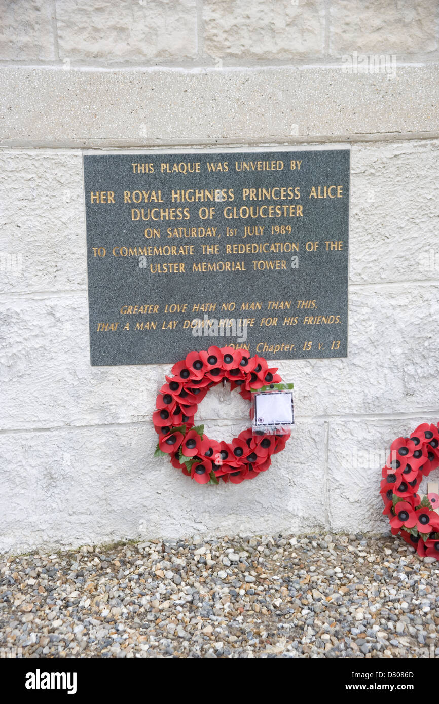 Memorial plaque at Ulster Tower on the Somme remembering the 36th ...