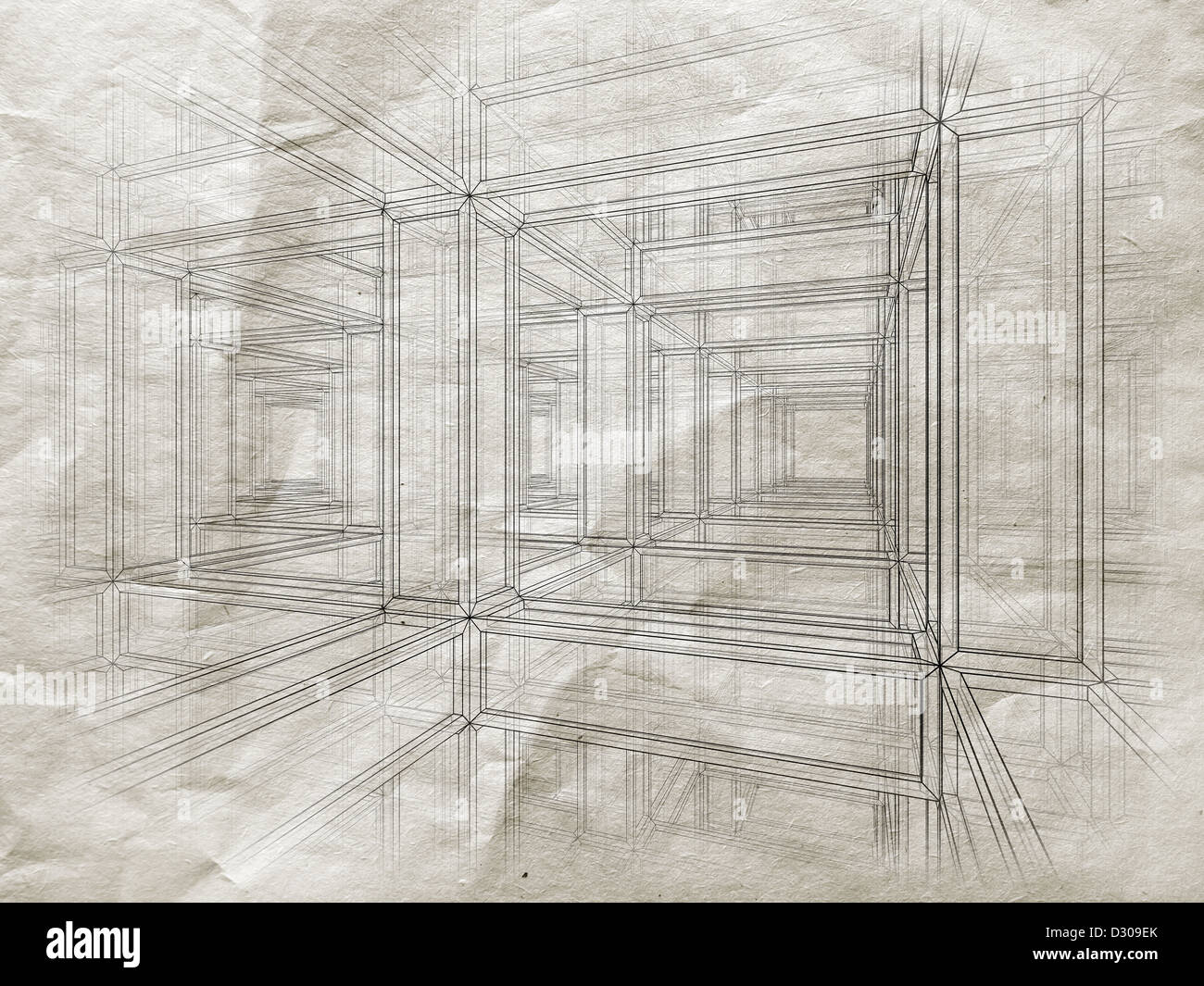 Blueprint with perspective view of an abstract 3d braced construction ...
