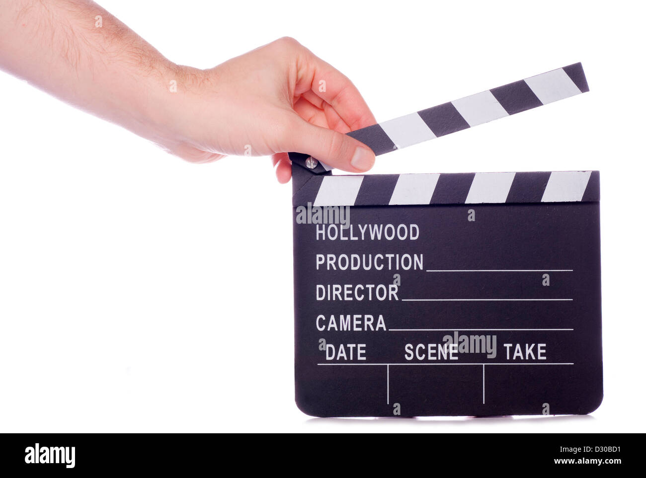 Hand holding movie clapper studio cutout Stock Photo - Alamy