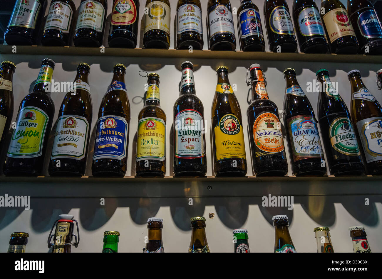 Variety of German beers in bottles on display at "Green Week" in Berlin ...