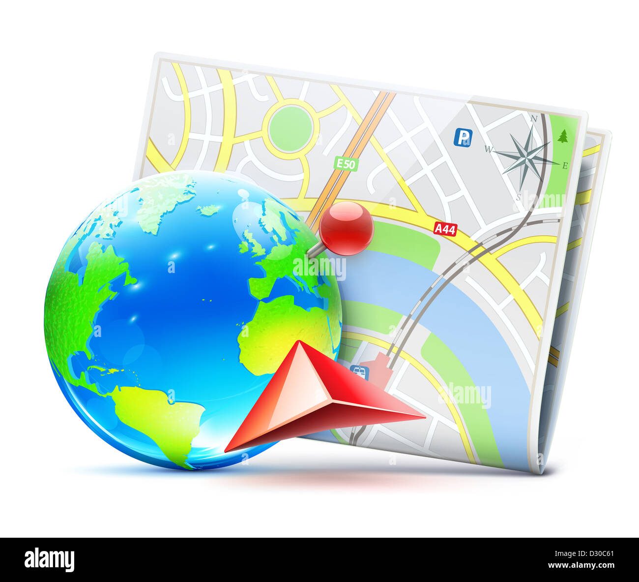 global navigation concept with blue glossy earth globe and city map ...