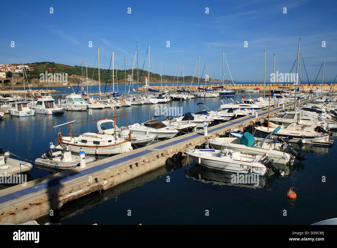 Boats in the marina of Banyuls Sur-Mer in the French Mediterranean town ...