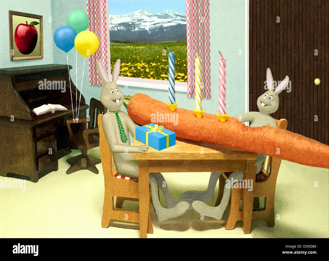 Illustration of two cartoon rabbits having a party with balloons ...