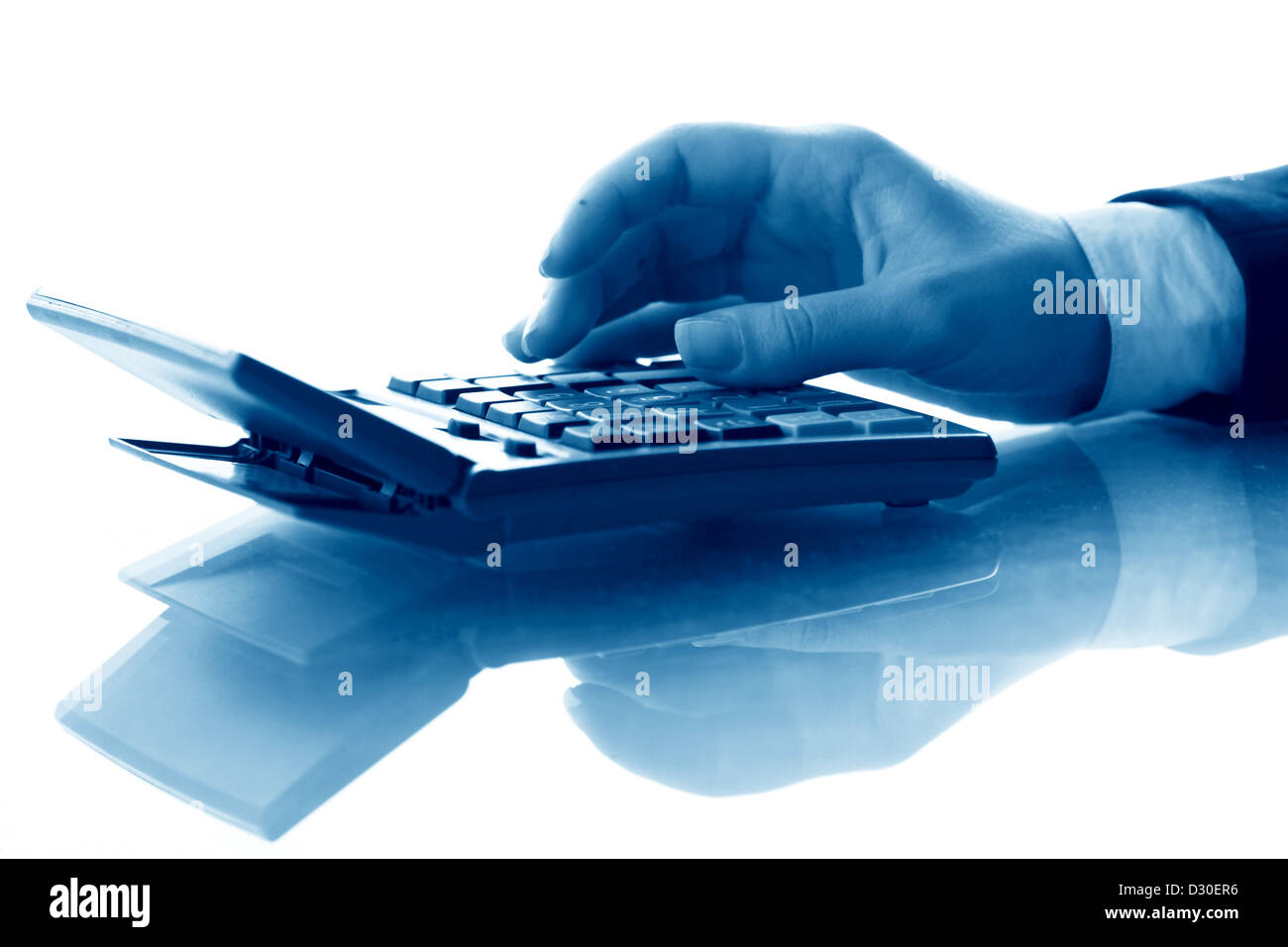 girl hand calculate on white background Stock Photo - Alamy