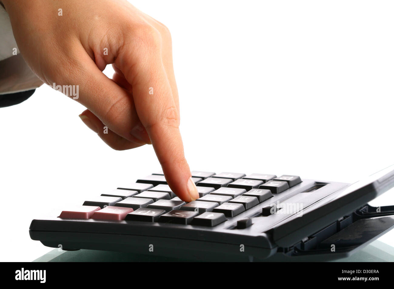 girl hand calculate on white background Stock Photo - Alamy