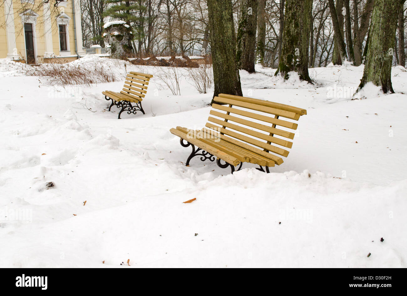 empty yellow park benches between winter snowdrifts snow in park Stock ...