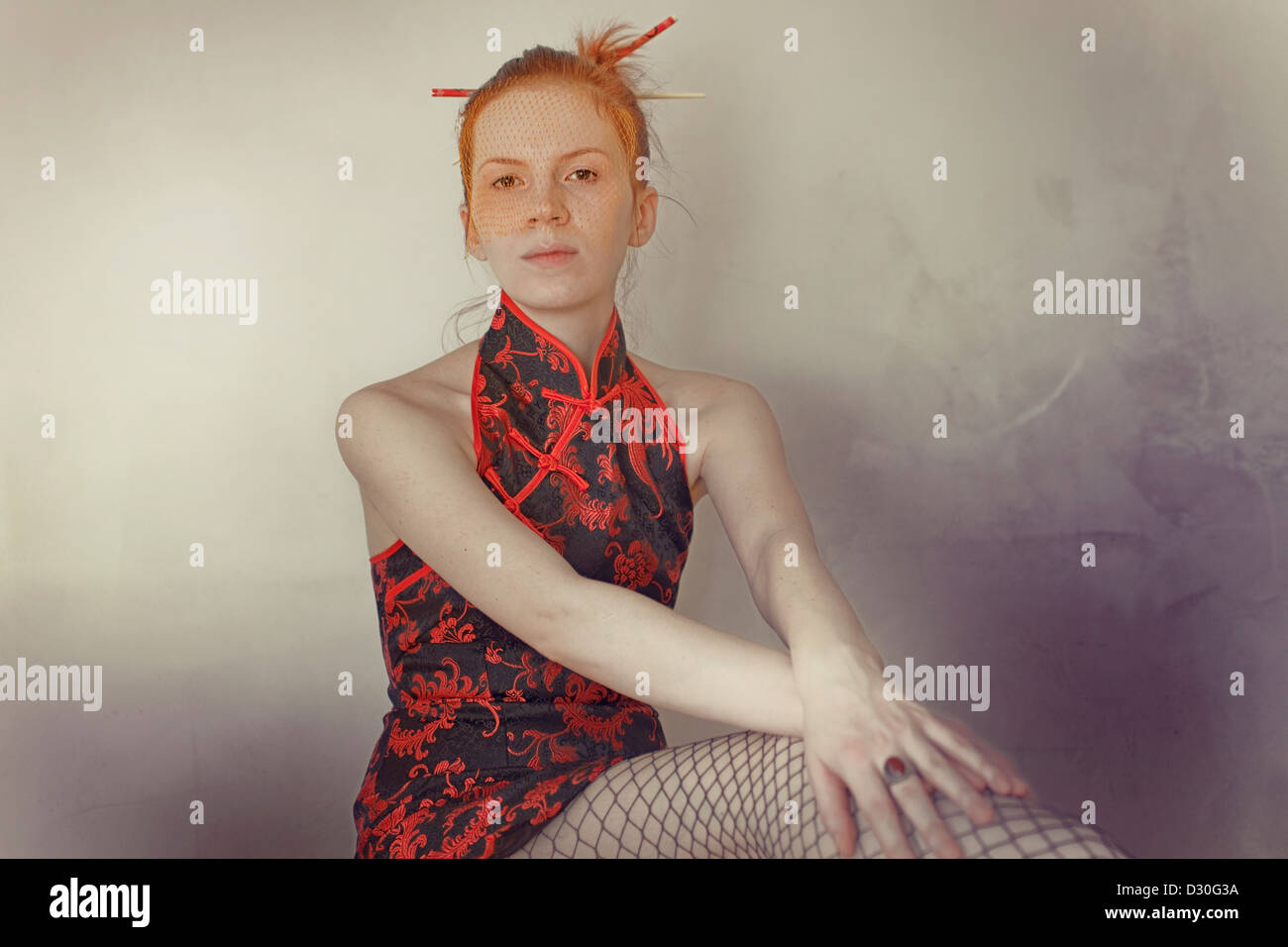 Portrait of red-haired woman in a Japanese style Stock Photo - Alamy