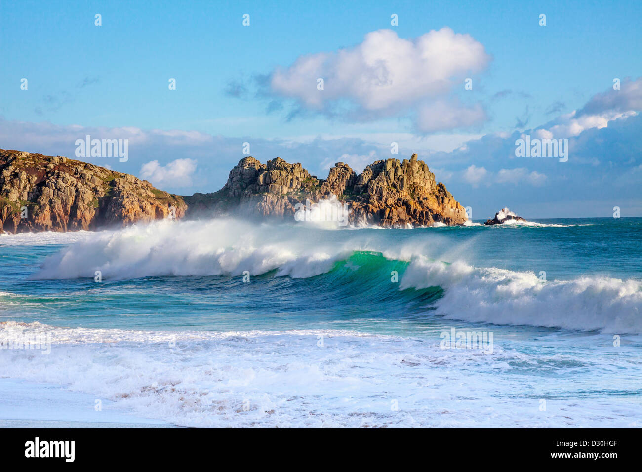 Breaking Waves at Porthcurno in Cornwall Stock Photo - Alamy