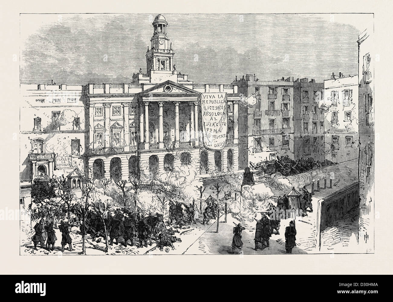 THE REVOLT AT CADIZ: TROOPS ATTACKING THE TOWN HALL SPAIN 1869 Stock ...