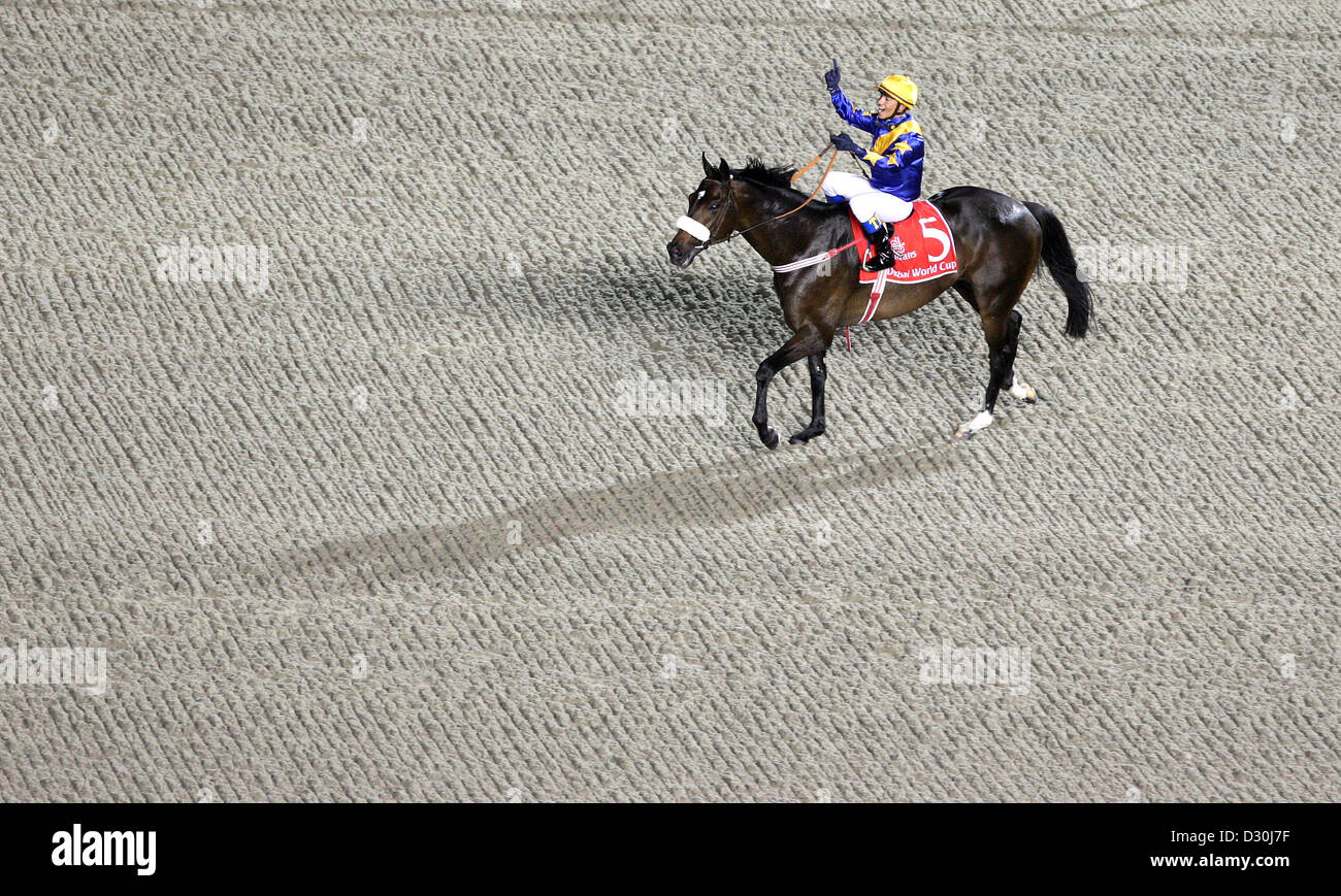 Dubai, United Arab Emirates, Jockey celebrates on his horse after the ...