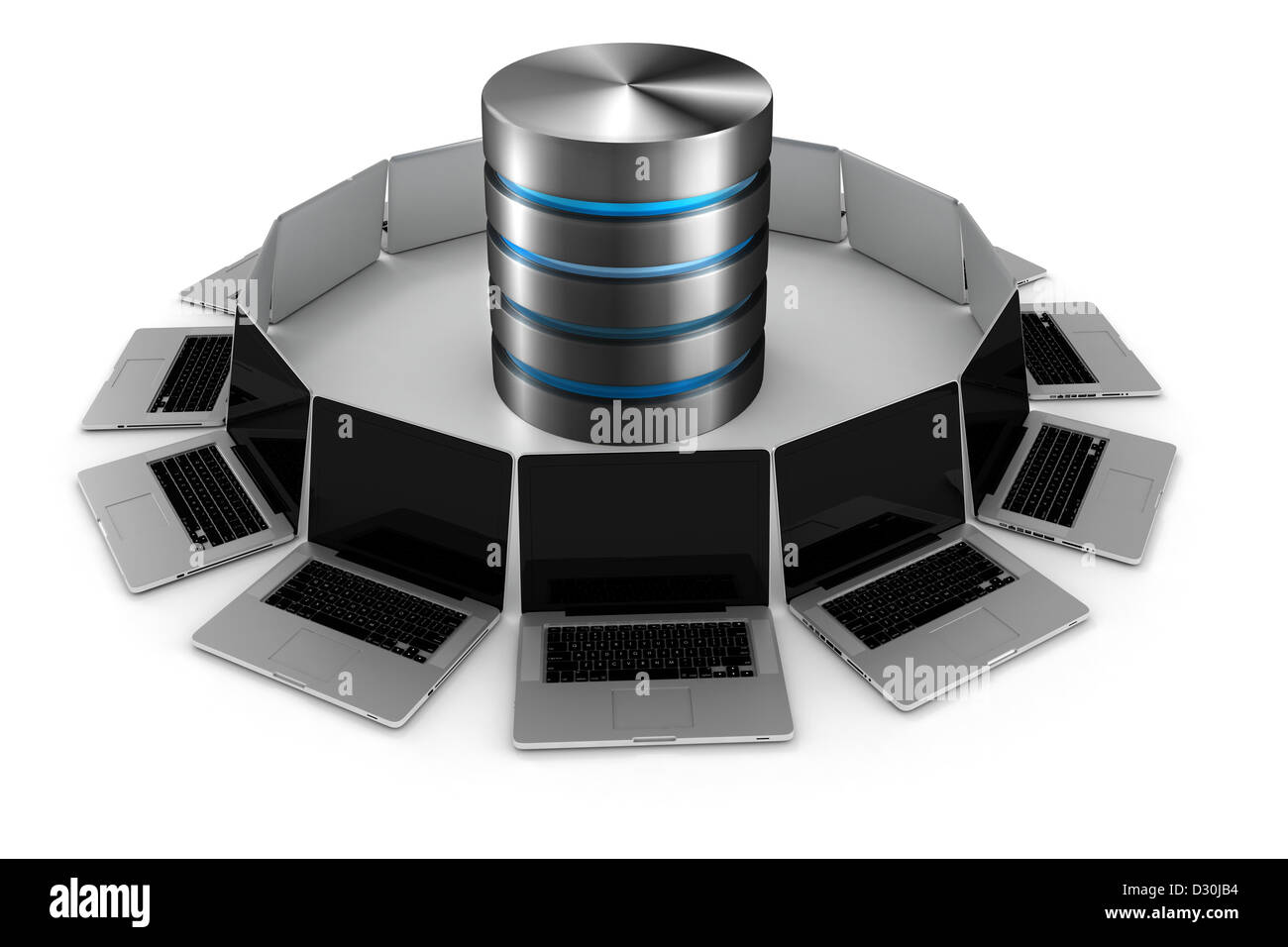 3d laptops and storage server on white background Stock Photo - Alamy