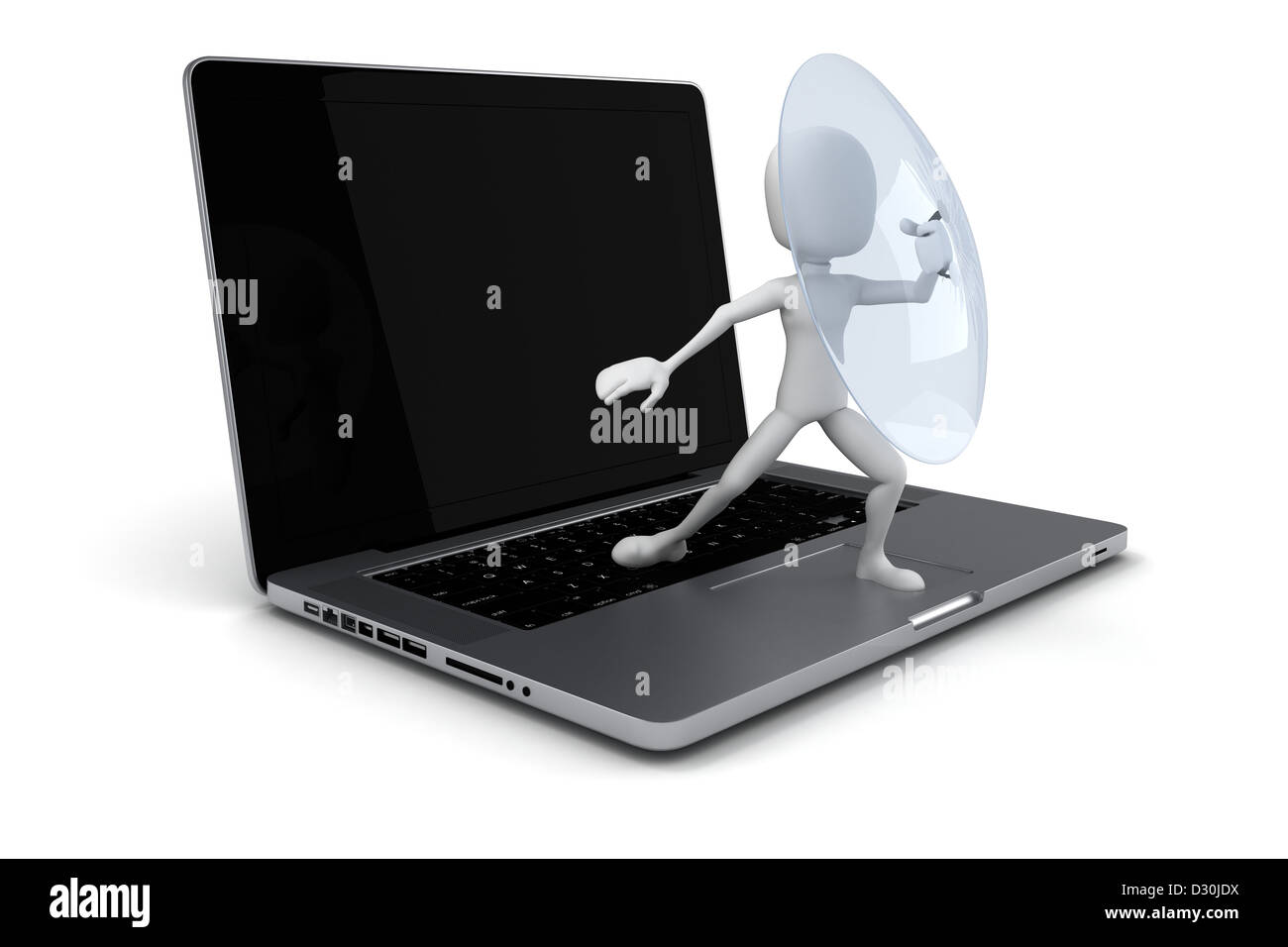 3d man defending a laptop, on white background Stock Photo - Alamy