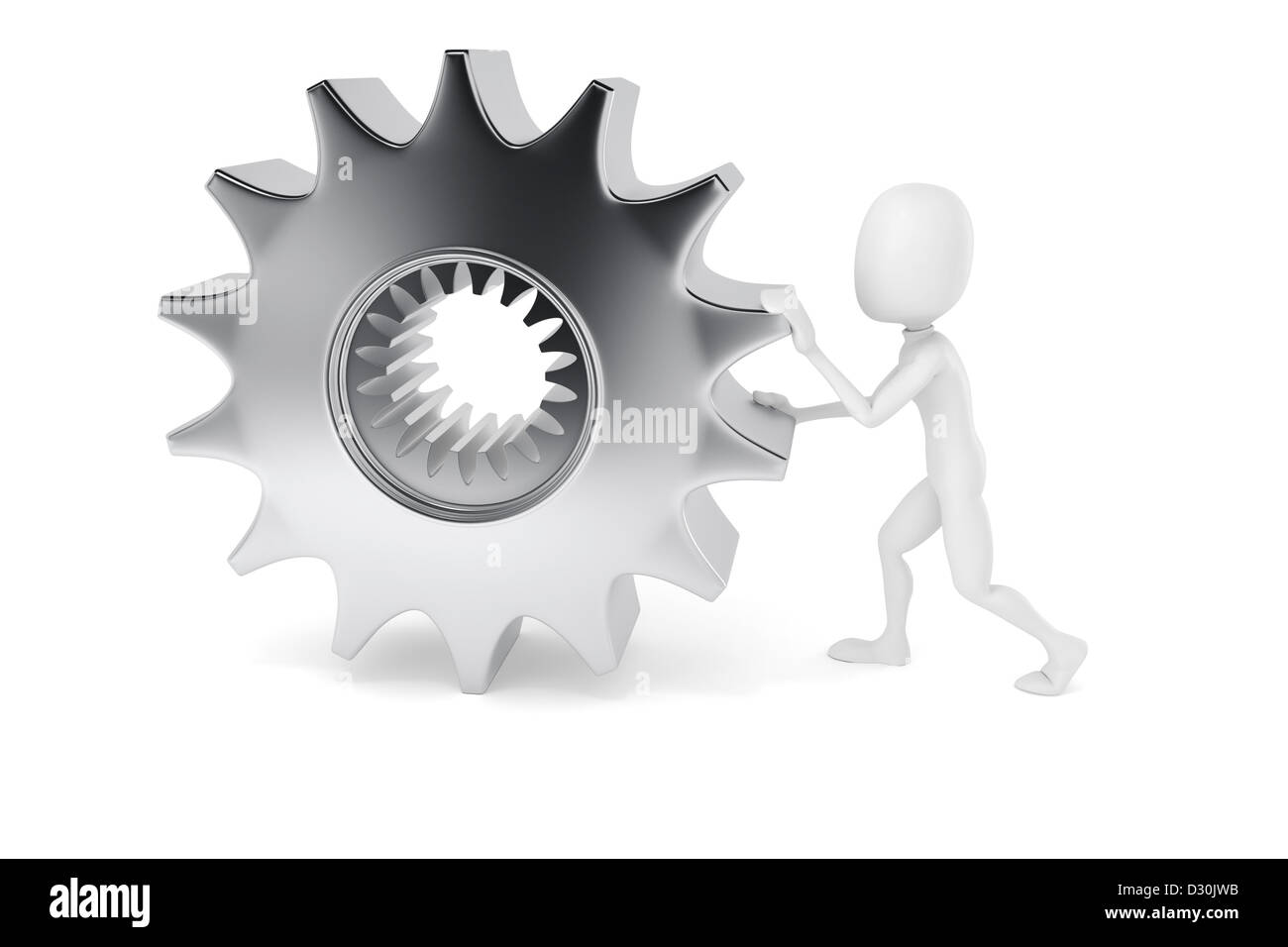 3d man pushing a metal gear wheel Stock Photo - Alamy