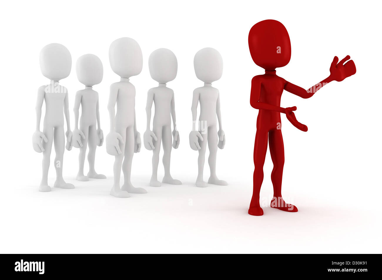 3d man leader in front of a crowd of 3d men gesturing to imaginary ...