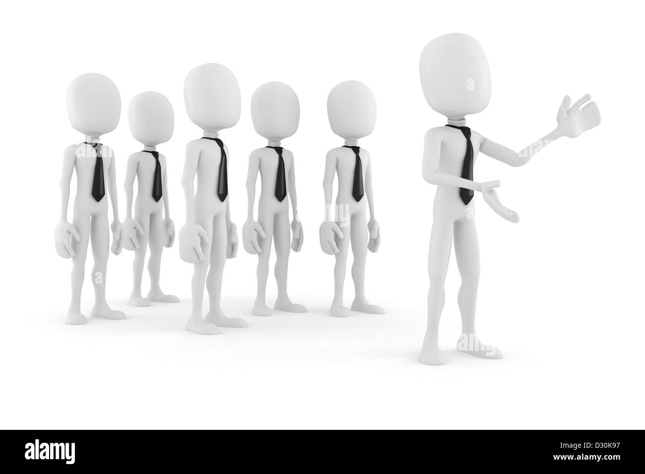 3d man leader in front of a crowd of 3d men gesturing to imaginary ...