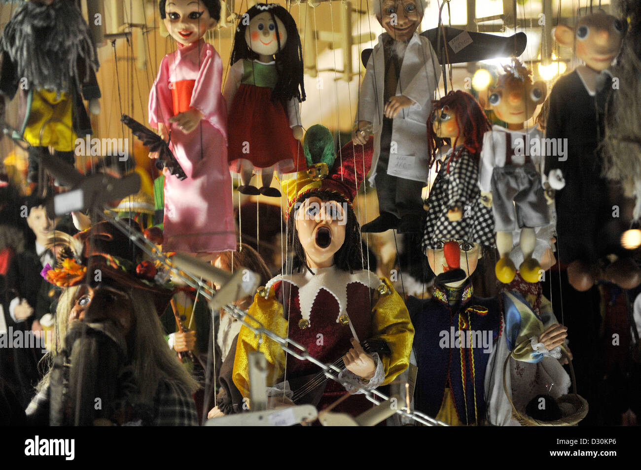 Puppets hanging in the window of a shop in Prague, Czech republic Stock ...
