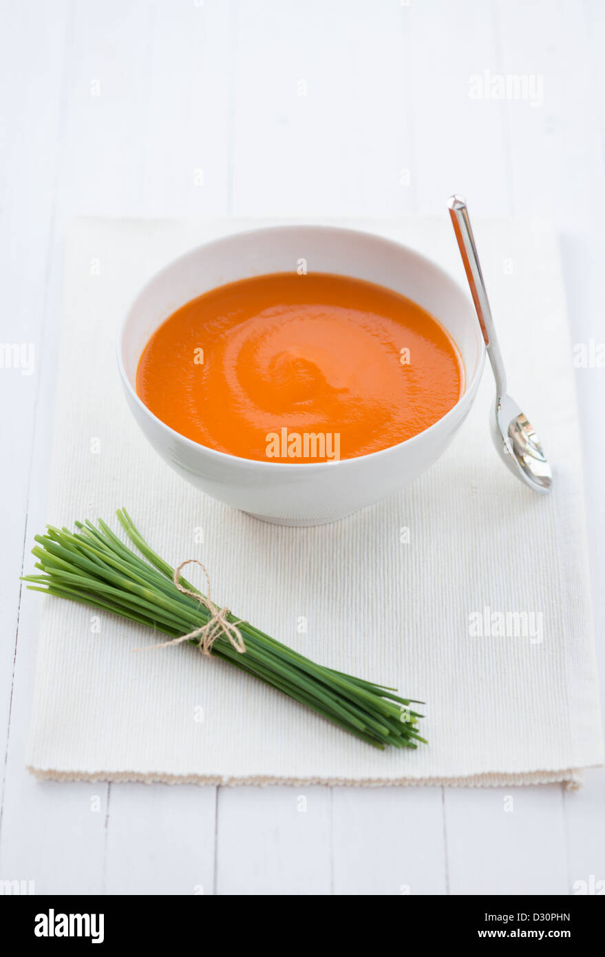 Cream of Tomato Soup, with chives Stock Photo - Alamy