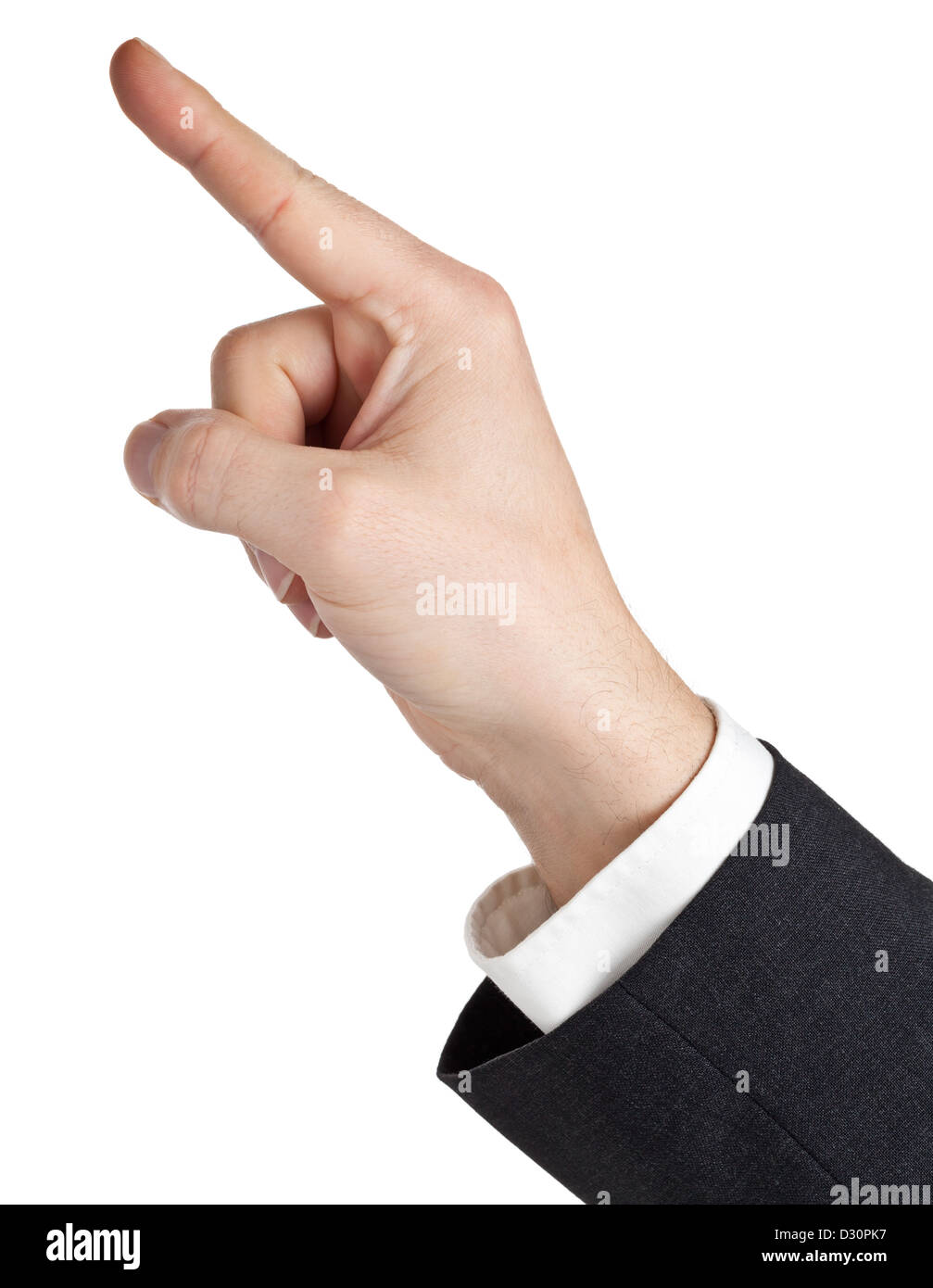 Hand of a businessman pointing upwards isolated on white background ...