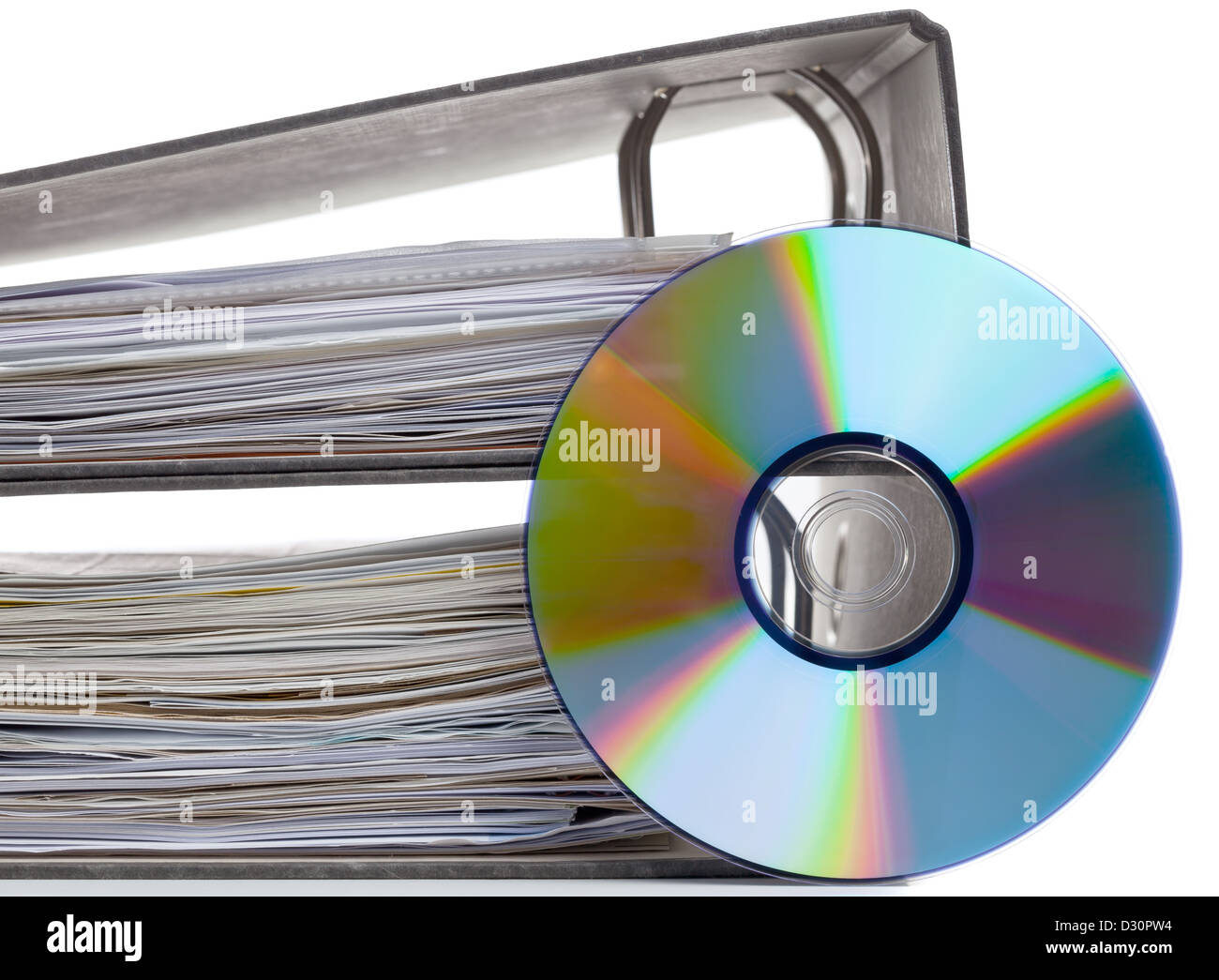 Ring binder with compact disc over white background - digital storage ...