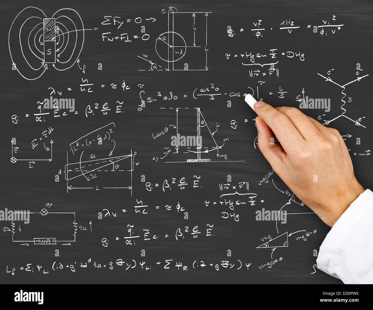Research scientist writing physics diagrams and formulas with chalk on ...