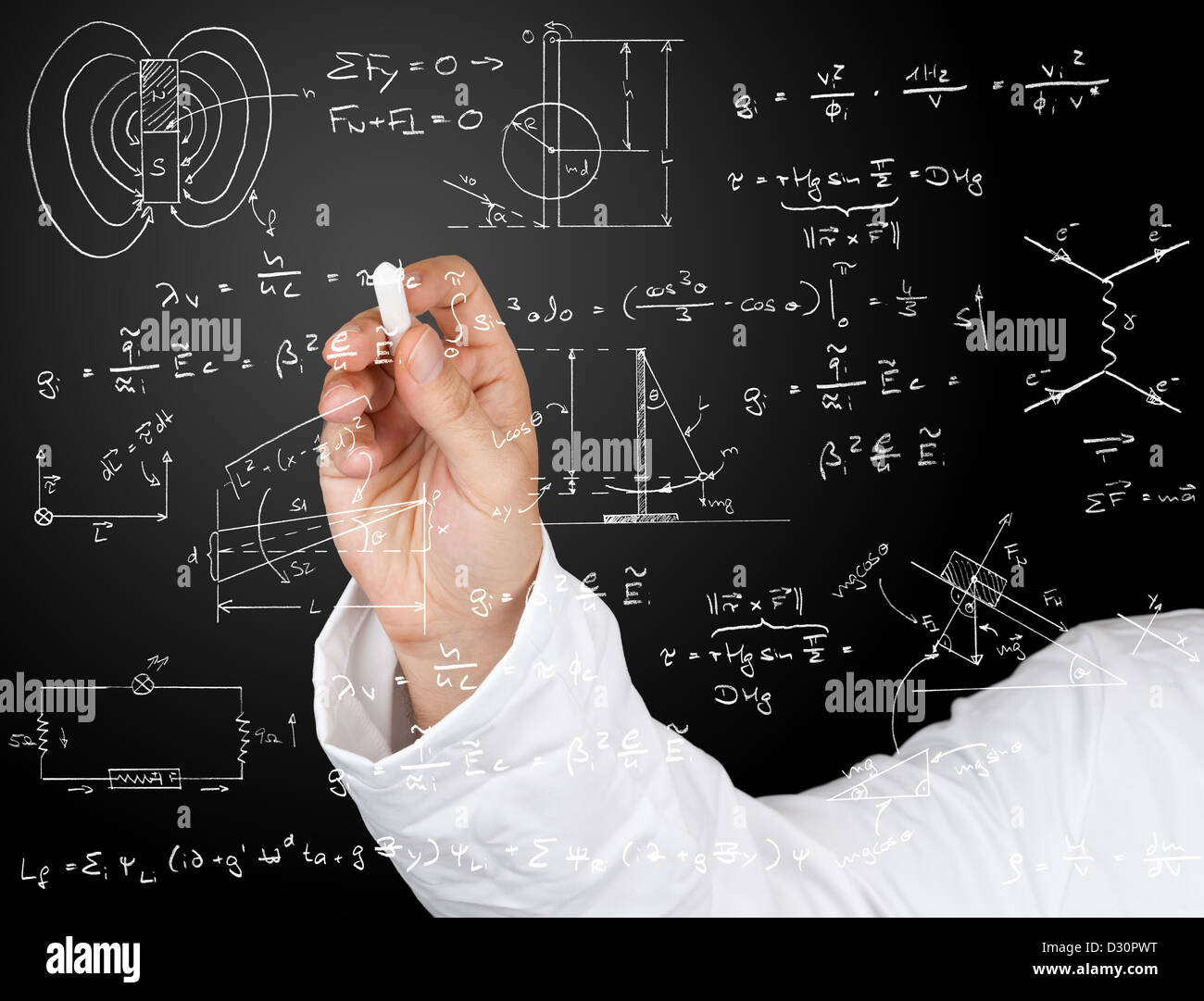 Research scientist writing physics diagrams and formulas with chalk on ...