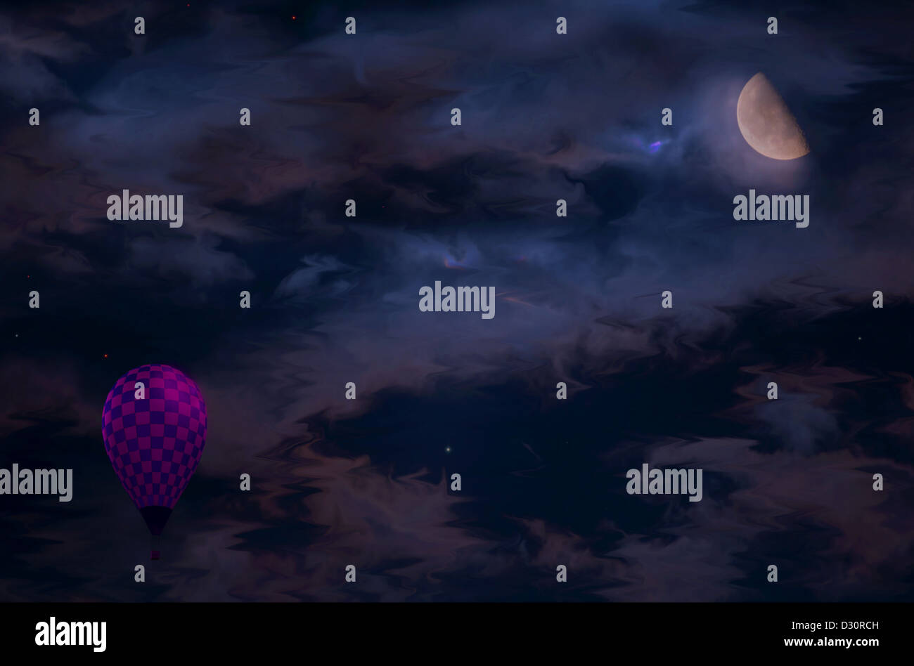hot air balloon at night depiction Stock Photo - Alamy