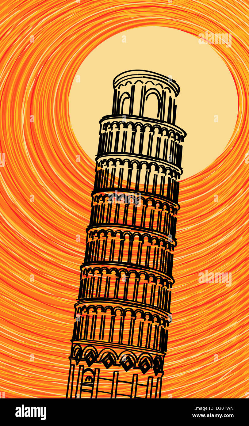 Romantic background illustration with stylized Tuscany leaning tower of ...