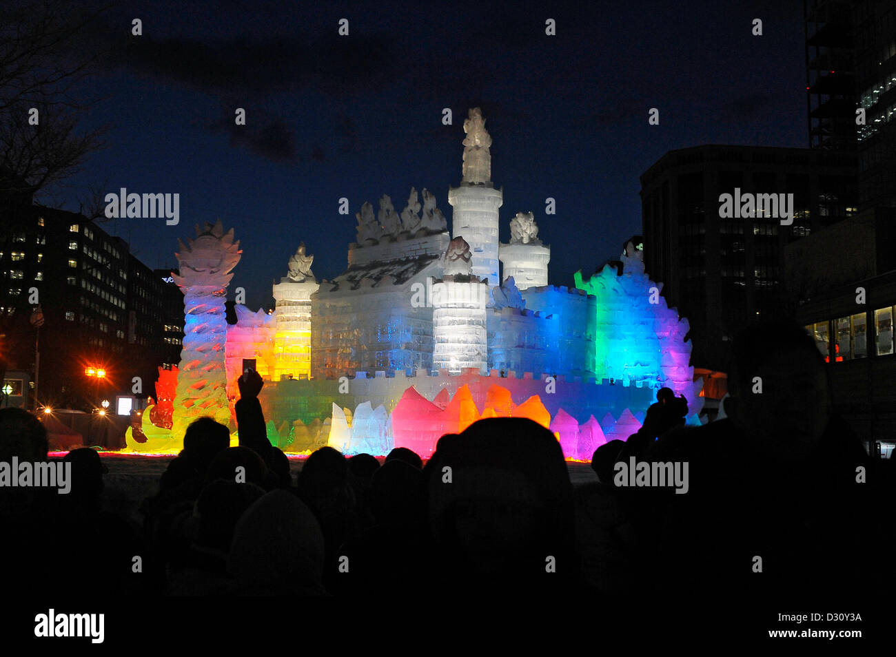 February 5th, 2013 : Sapporo, Japan - A castle made of ice is lit up ...