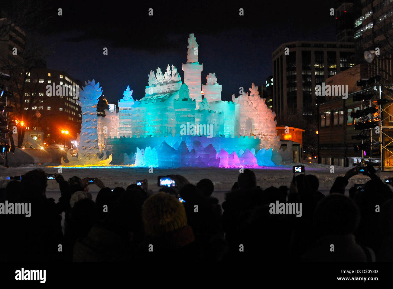 February 5th, 2013 : Sapporo, Japan - A castle made of ice is lit up ...