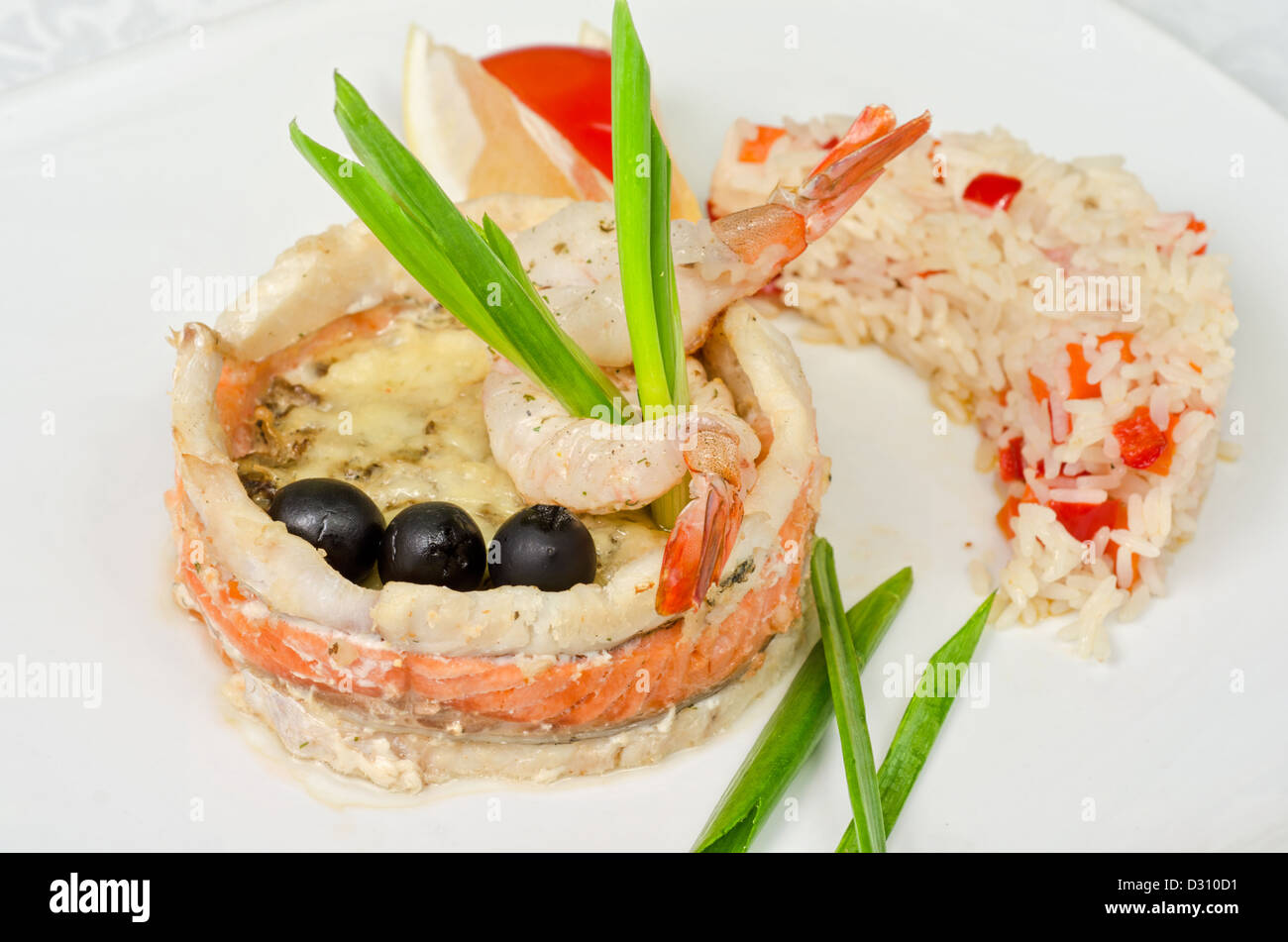 fish with rice and vegetables Stock Photo - Alamy