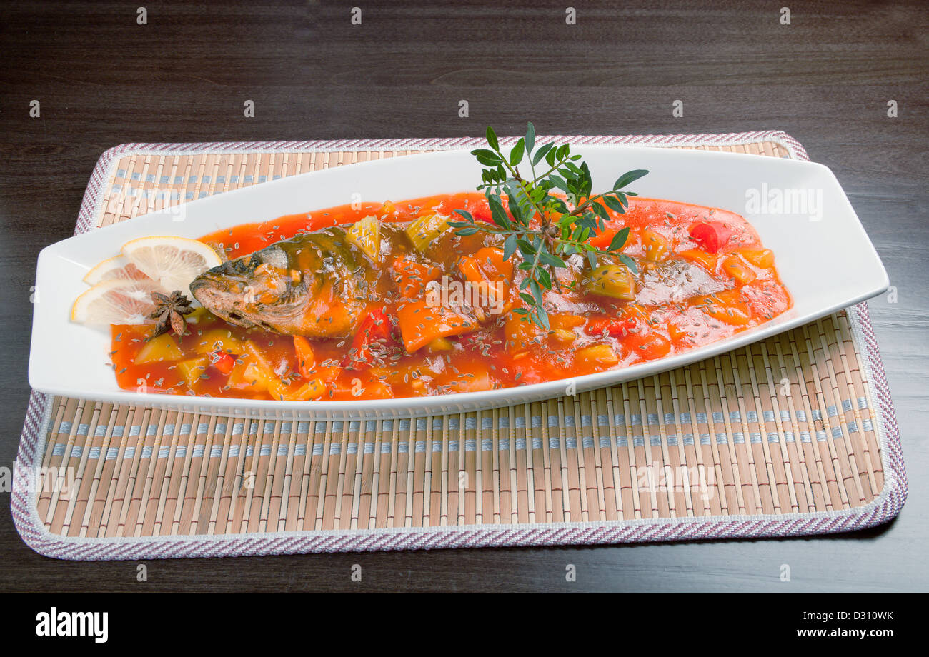 Sea wolf with vegetable.Chinese style Stock Photo - Alamy