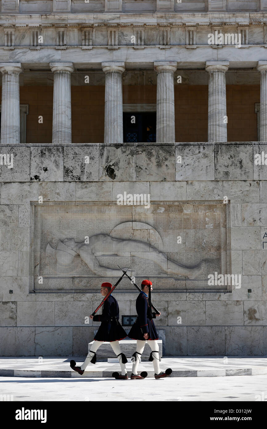 Presidential Guards (Evzones) performing in front of the Tomb of the Unknown Soldier, Athens ...